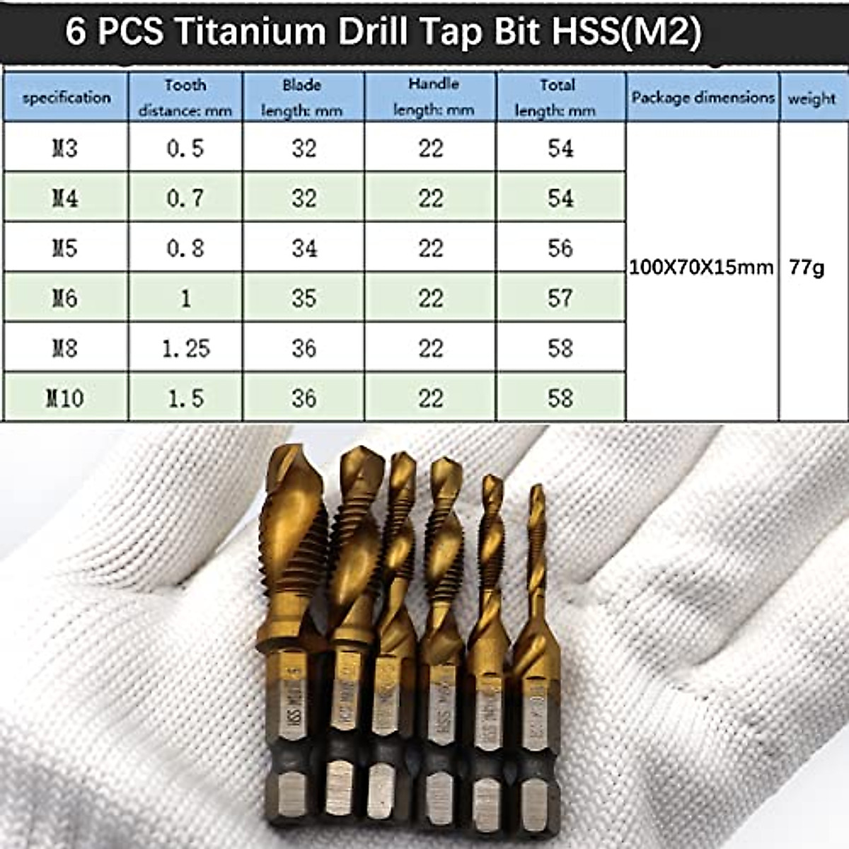 PERFACTOOL Combination Drill & Taps Bit Set, 1/4'' Hex Shank Spiral Countersink Drill Bits, for Metal, Plastic, Wood Drilling (6 Pack)
