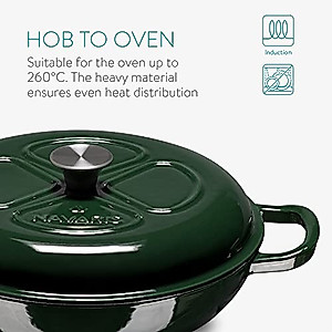 Navaris Dutch Oven Pan with Lid - 3.7 QT Enameled Cast Iron Skillet - 15 3/4" Wide Covered Round Enamel Pot - Induction Cooktop Safe - Dark Green