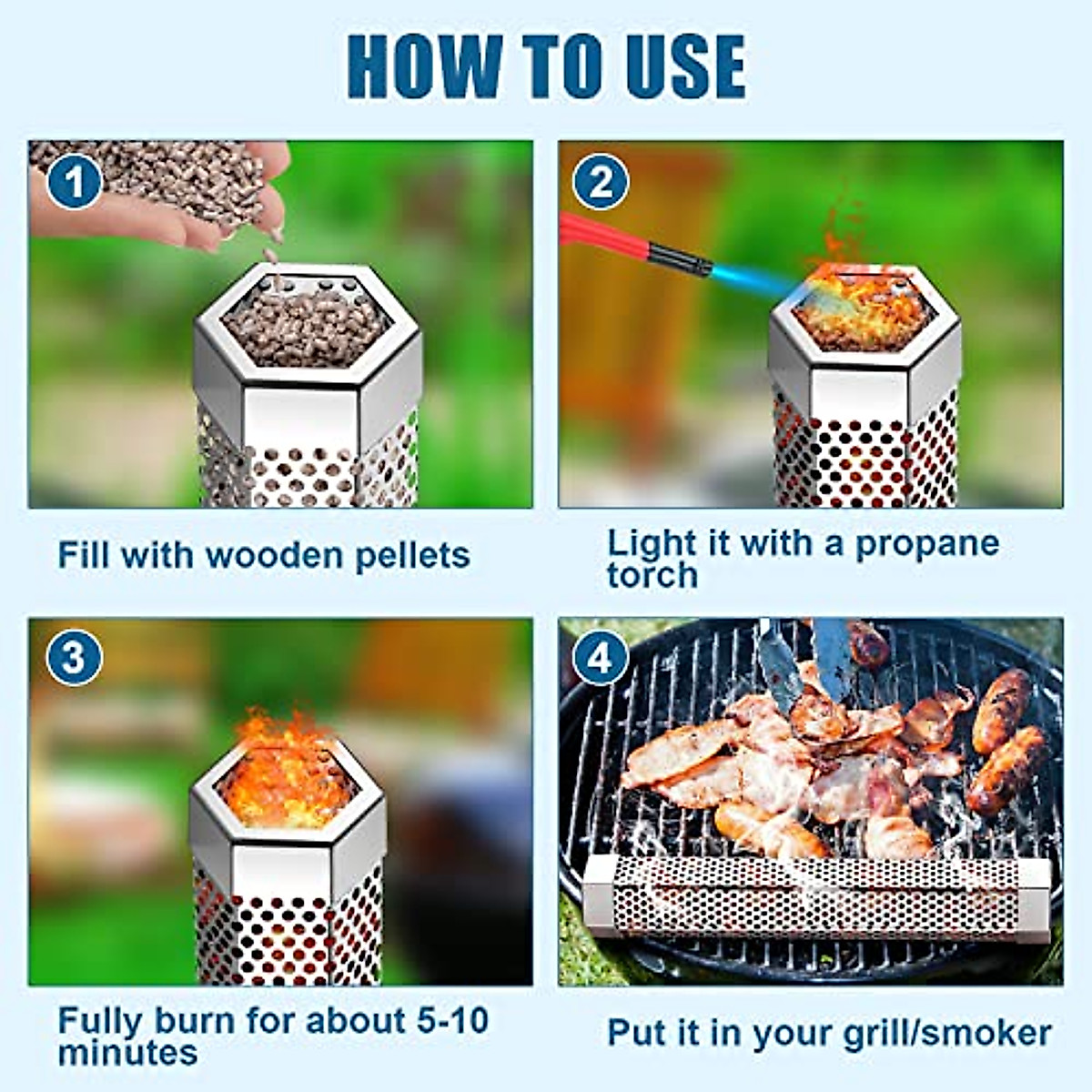 4 Pcs Pellet Smoker Tube 12 Inch Stainless Steel BBQ Wood Pellet Tube for Smoking with Cleaning Brush and 8 S Shape Hooks for Hours of Billowing Cold Hot Smoking for All Grills or Smokers