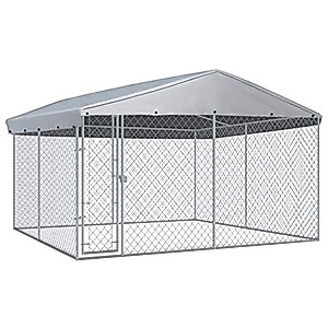 vidaXL Outdoor Dog Kennel with Roof Lockable Mesh Sidewalls Heavy Duty Garden Backyard Pet Cage 150.4"x150.4"x88.6" Galvanized Steel