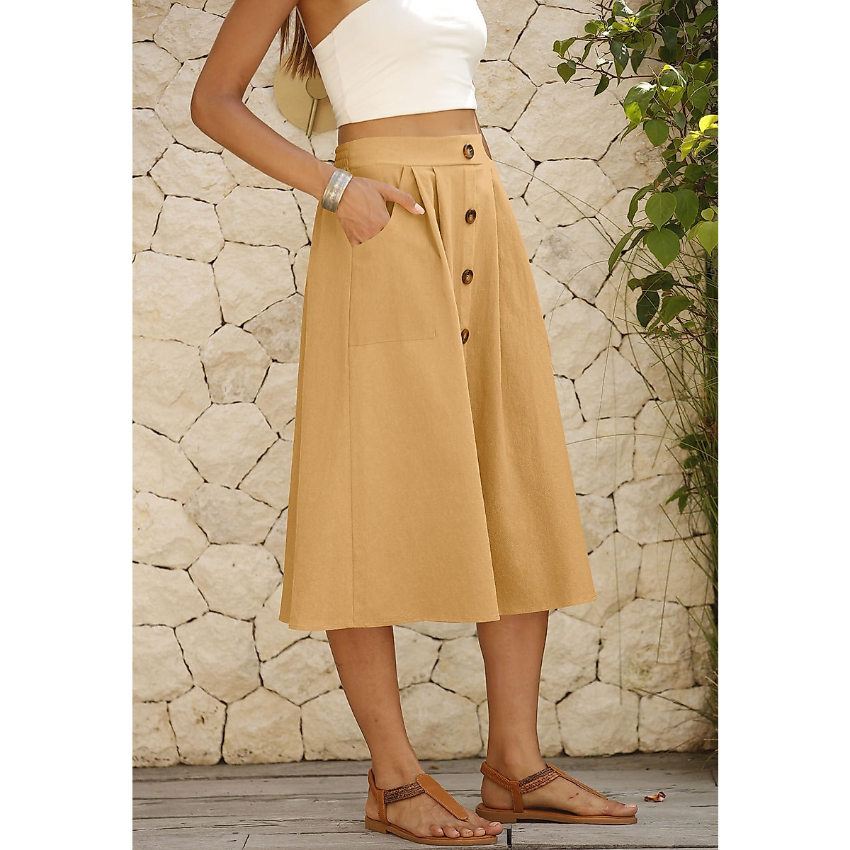 Naggoo Womens Summer A-Line High Waisted Button Pleated Midi Skirt Khaki Large