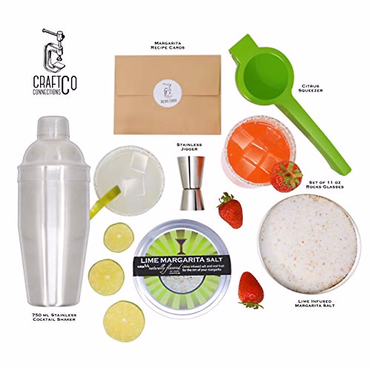 Margarita Cocktail Kit - Set of Rocks Glasses | Stainless Cocktail Shaker & Jigger | Citrus Squeezer | Rokz Lime Infused Margarita Salt | Recipe Cards. The Perfect Margarita Kit Gift Set!