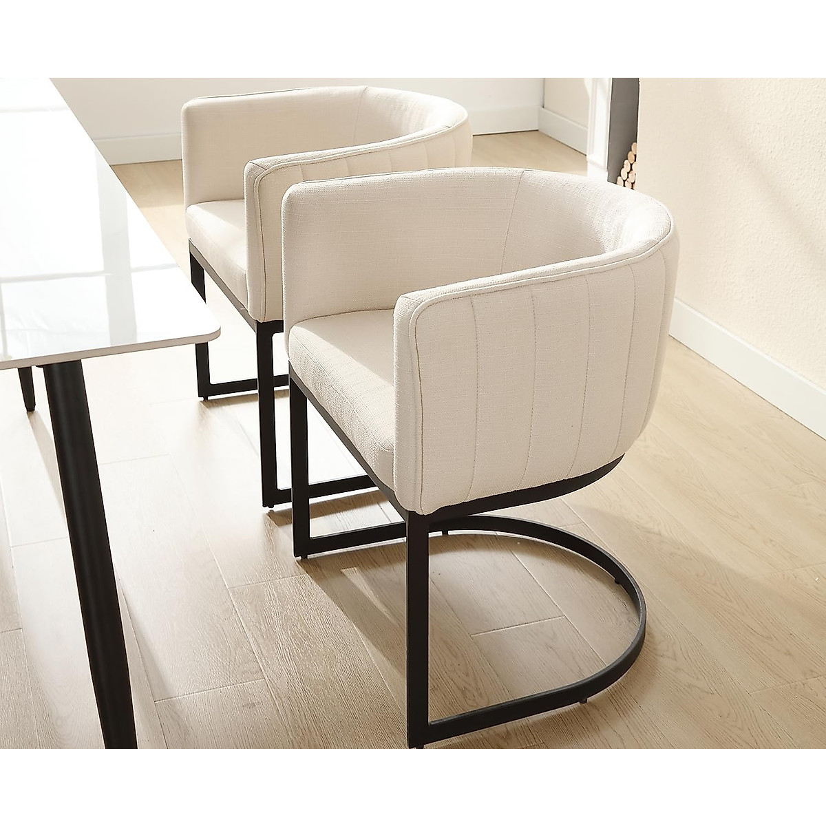 Kmax Linen Fabric Dining Chairs Set of 4 Modern Barrel Arm Chairs with Metal Frame Upholstered Kitchen Chairs for Living Room, Dining Room, Hotel, Beige