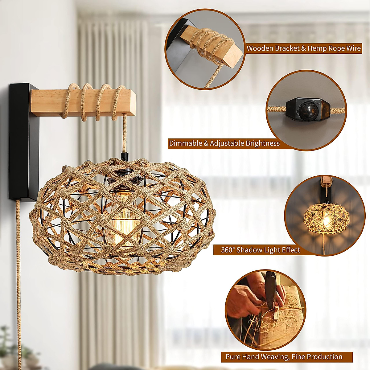Plug in Wall Sconces Rattan Boho Decor Wall Sconce Light Woven Wicker Wall Lamp with Plug in Cord Dimmable Hanging Lamps That Plug Into Wall Outlet Rustic Wall Lamp Light for Bedroom Living Room