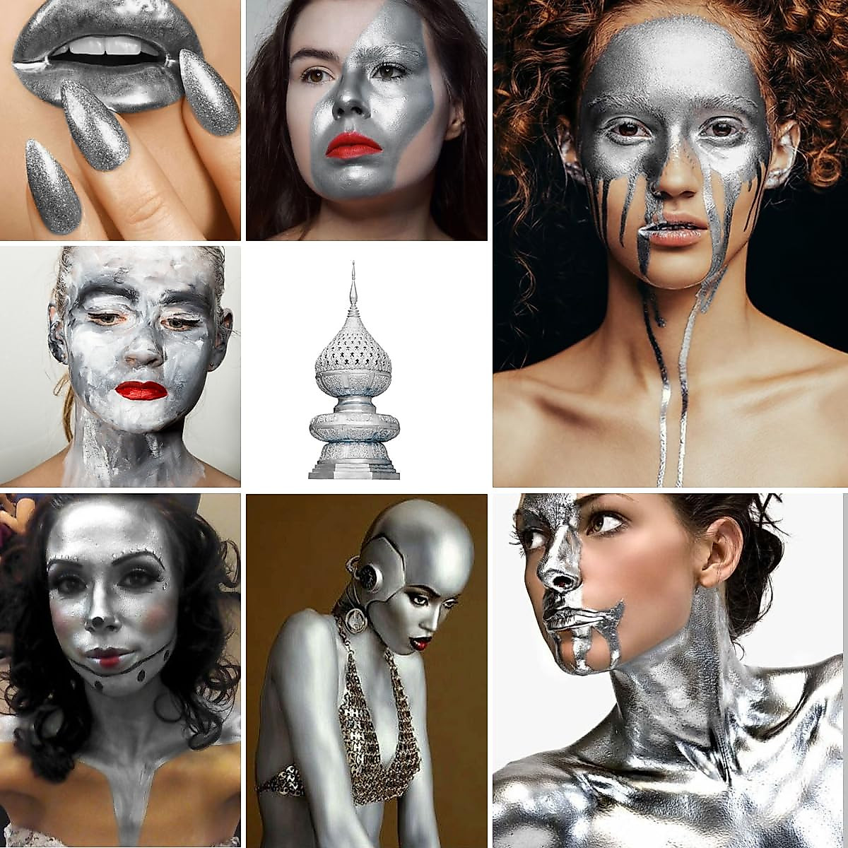 DE'LANCI Silver Face Paint Metallic Powder Kit, Metal Chrome Pigment Powder Foundation for Face & Body, Halloween SFX Makeup Shimmer Powder with Mixing Liquid and 2 Brushes for Stage Party 0.43 Oz