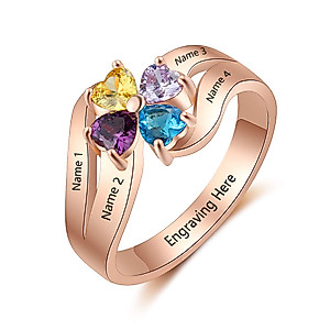 Ashleymade Engraved Mothers Rings for Mom with 4 Simulated Birthstone Rings for Grandmother Family Name Rings Persnalized Jewelry for Women (Rose Gold, 6)