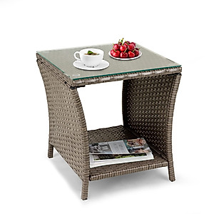 PHIKOOVA Outdoor Wicker Side Table Patio Coffee Table Wicker Bistro End Table Outdoor Square Tempered Glass Top End Table All Weather Metal Rattan Furniture Table with Storage,Light Brown