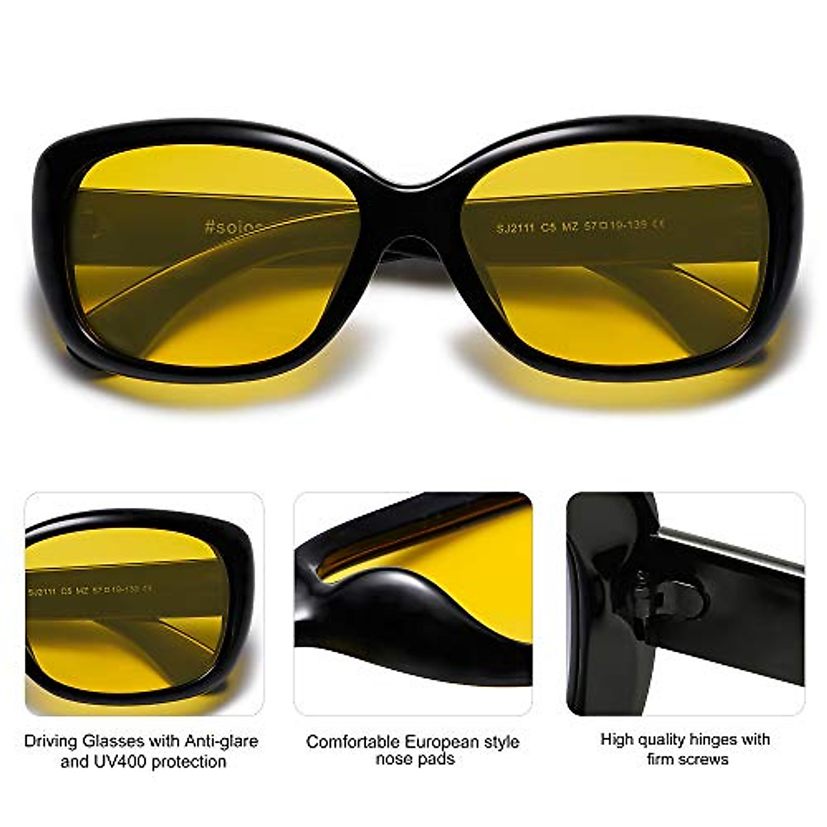 SOJOS Night Vision Glasses for Driving Women Polarized Anti Glare UV Protection Havana Frame SJ2111 with Black Frame/Night Vision Lens