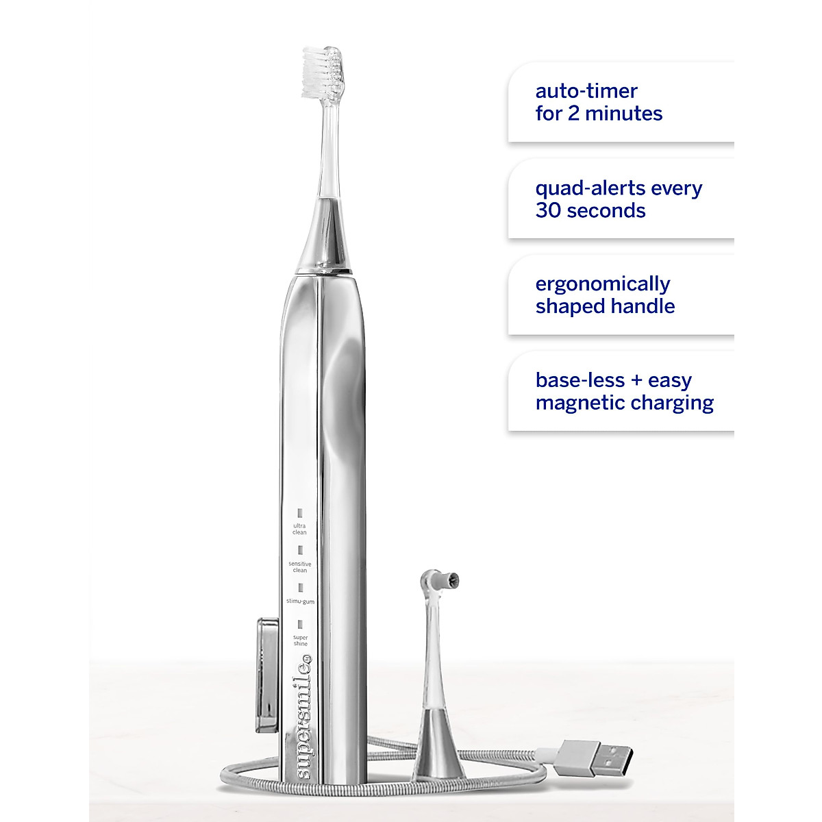 Supersmile Zina45 Deluxe Sonic Pulse Electric Toothbrush, Rechargeable Whitening Tooth Brush, Silver