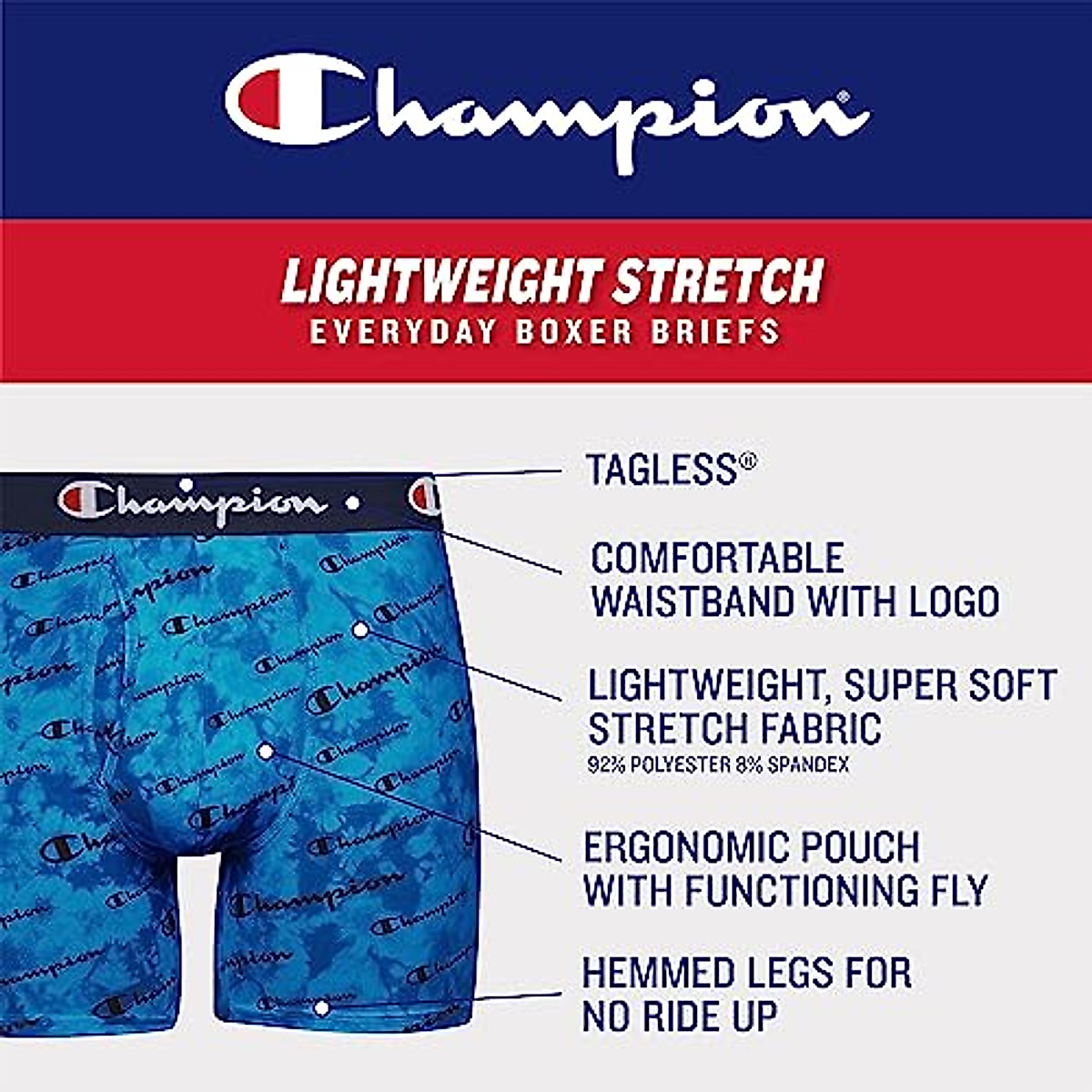 Champion Men's Underwear Boxer Briefs, Everyday Active, Lightweight Stretch, Multi-Pack, Black with Script Logo/Electric Cyan/Scarlet-3 Pack, Small
