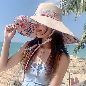 6" Extra Wide Brim Sun Hats UPF 50+ UV Protection Packable Beach Hat Strap Women (Beige)