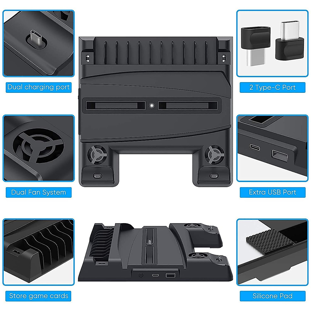 Tobo Cooling Stand for PS5 Dual Controller Charging Stand Charging Dock Vertical Stand for PS5 Playstation5 Digital Edition/Ultra HD Disc Edition with 11pcs Game Rack Organizer TD-385GA