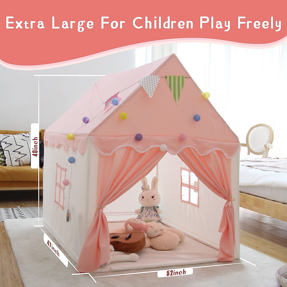 Princess Castle Play Tent for Kids, 100% Natural Fabric Extra Large Foldable Fairy Pink Tent for Girls, Playhouse with Lights and Flags for Children Indoor & Outdoor by WOOD CITY (52"x 40"x 47")