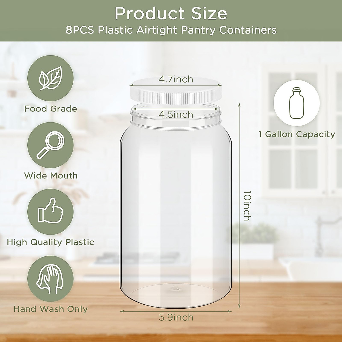 Dandat 8 Pcs 1 Gallon Clear Plastic Jars Airtight Pantry Large Mouth Jars Plastic Jug Cylinder Containers with Lids for Candy Butter Honey Sugar Cookies Arts Crafts Bartender Kitchen(White Lids)