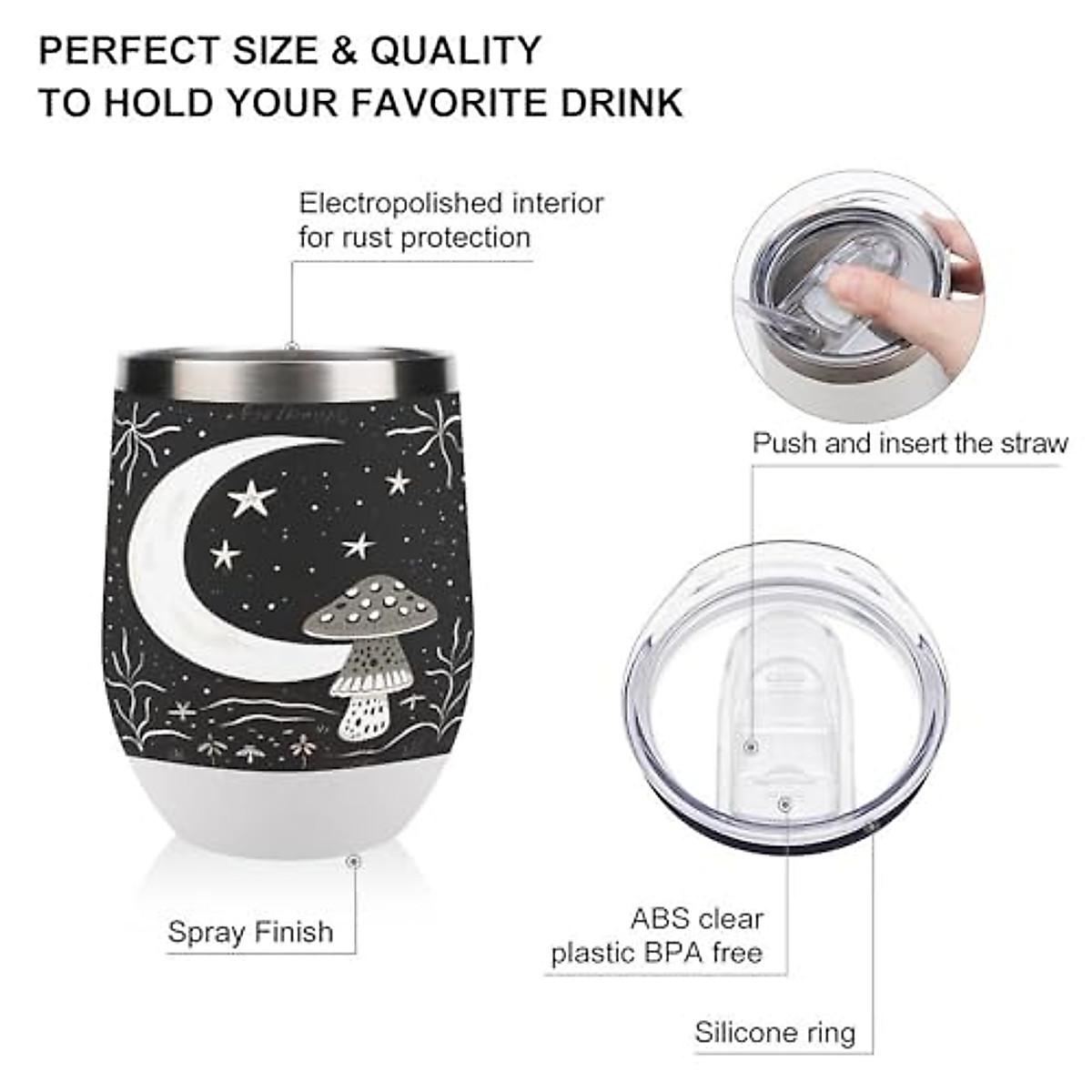 OPTKSNCU 304 Stainless Steel Insulated Cup with Lid, Moon Mushroom Print Durable, And Easy to Clean – Ideal for Home, Office, And Gift Giving