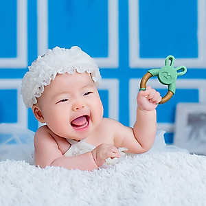 LittleFoot Nation Organic & Natural Bunny Rabbit Baby Teether Ring, 100% BPA Free Pure Food Grade Silicone & Beech Wood, Teething Pain Relief Toy for Toddlers & Infants (Green)