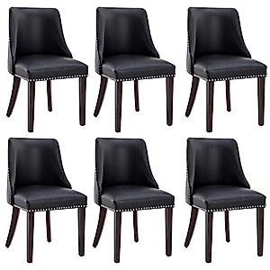 Kmax Leather Dining Chairs Set of 6 Upholstered Side Chairs Farmhouse Accent Chairs with Nailhead Wood Legs for Dining Room Guest Room Restaurant, Black
