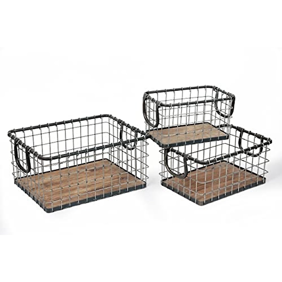 Rectangular Hand Welded Farmhouse Metal Baskets In Set Of 3 with Rustic Wooden Bottom. Large one:16.14"X12.2'X7.08"H, Study and Sutitable For Laundry, Towel, Spice Rack, Storage, Tool Box, Picnic