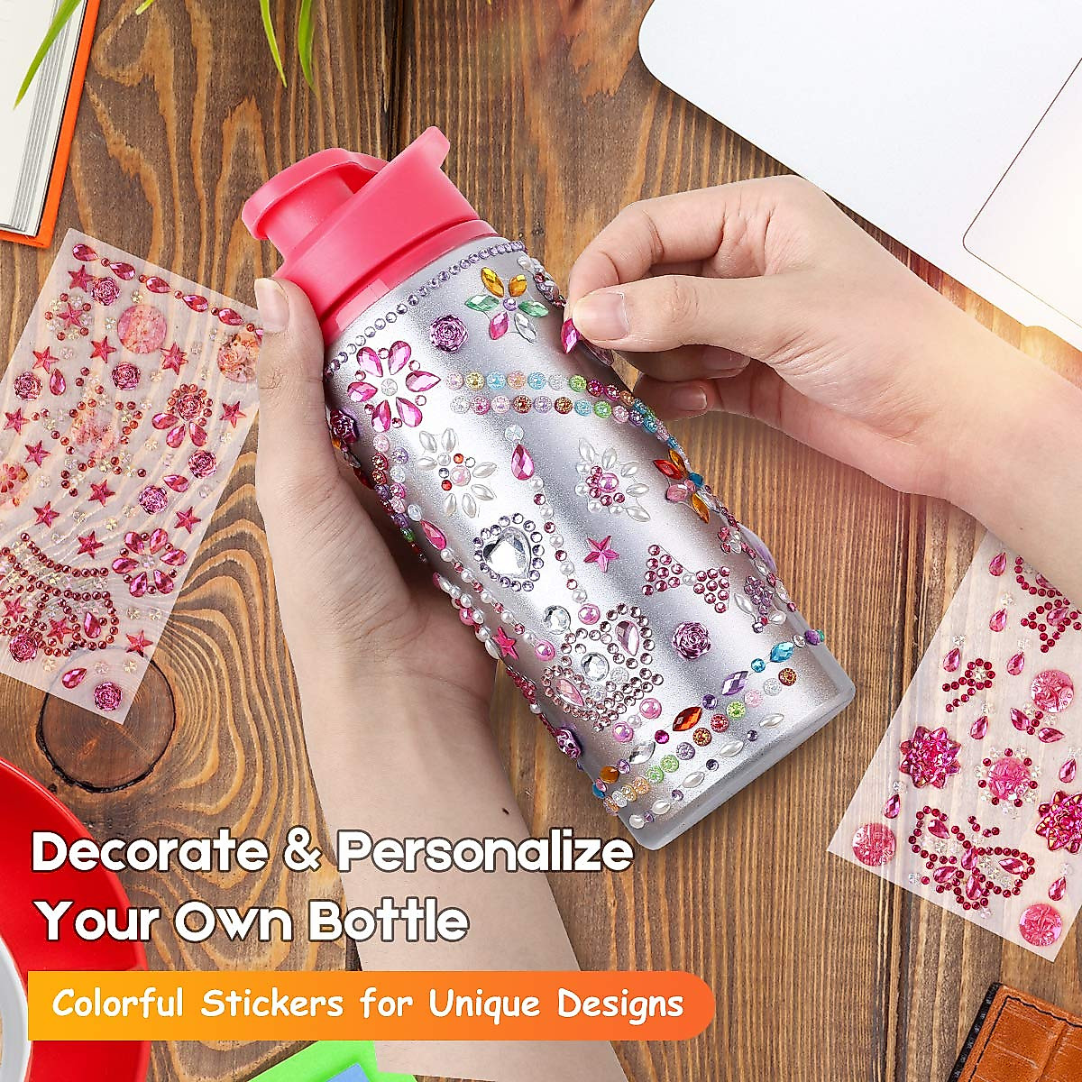 Gift for Girls, Decorate & Personalize Your Own Water Bottles with Tons of Rhinestone Glitter Gem Stickers, Reusable BPA Free 12 oz Kids Water Bottles Cute Gift, Fun DIY Art and Craft for Kid Pink
