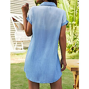 Women Denim Shirt Dresses Short Sleeve Distressed Jean Dress Button Down Casual Tunic Tops Blue XXL