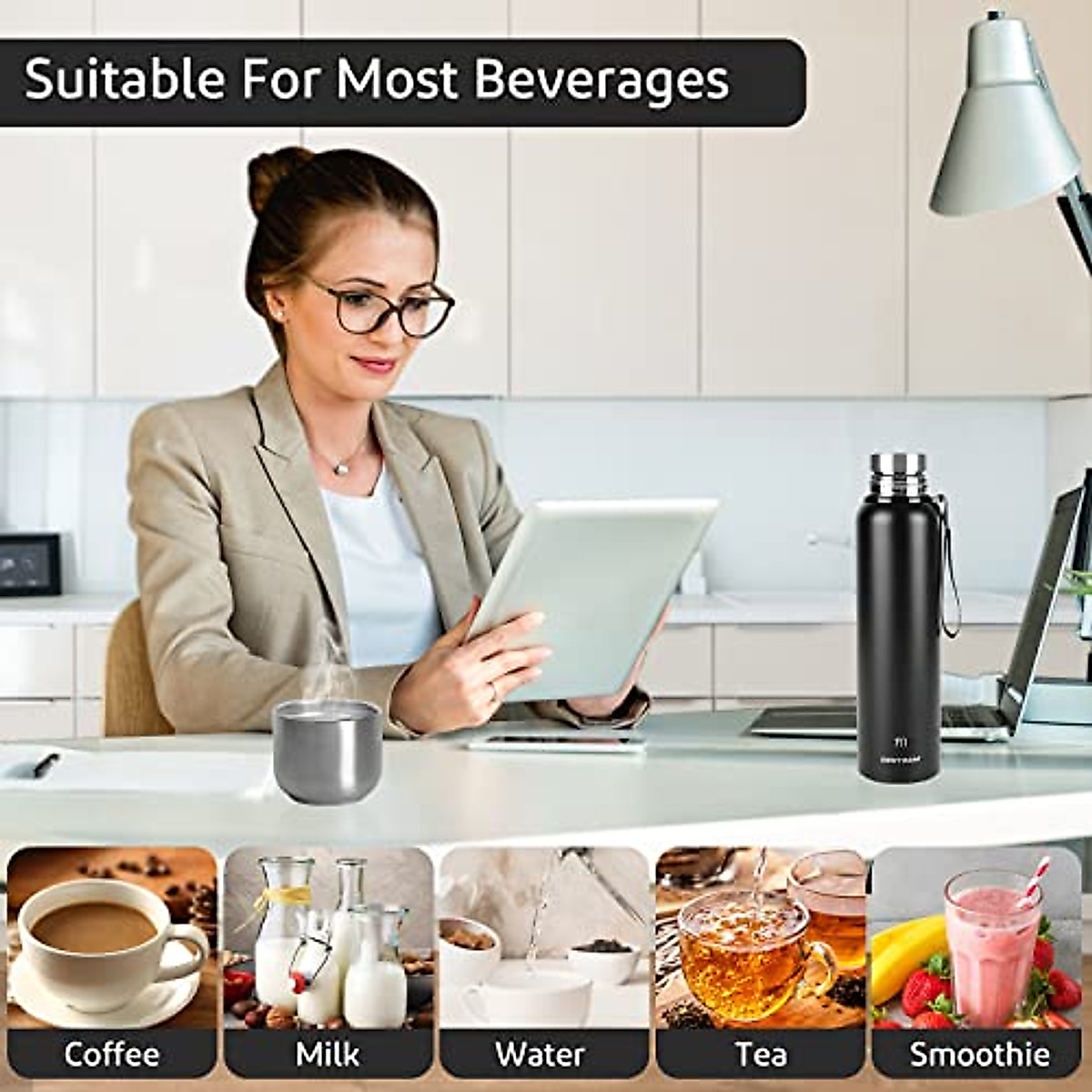 GENTSAM Metal Stainless Steel Insulated Water Bottle Double Walled Leak Proof Vacuum Flask Thermal Mug for Indoor Use (Black, 34oz/1000mL)