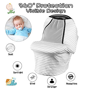Baby Car Seat Covers Mesh Zipper Peep Window Nursing Cover Breastfeeding Scarf Baby Carseat Canopy Infant Stroller Cover Baby Shower Gifts for Girls and Boys Mothers Day Gifts (Grey Stripe)
