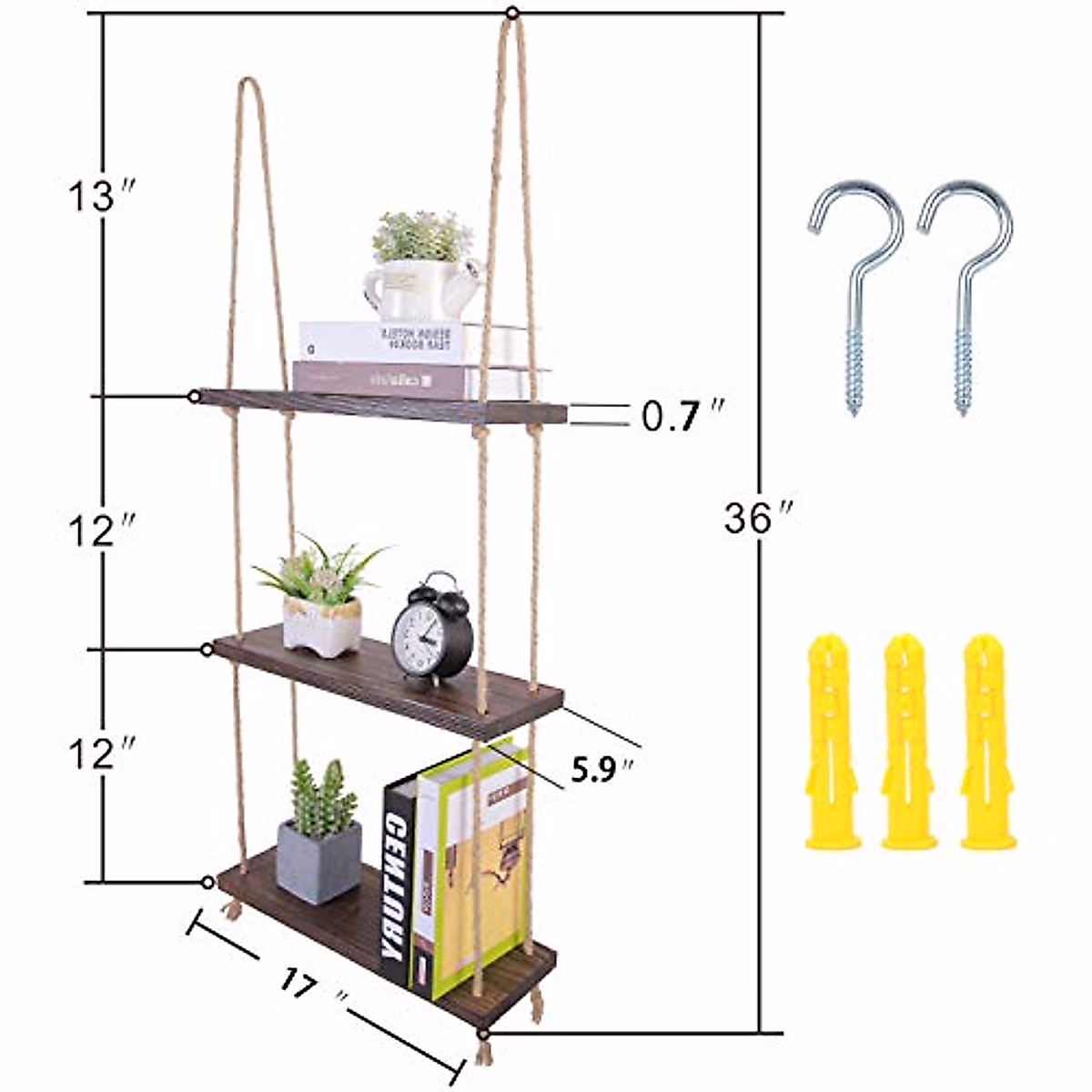 HXSWY Rustic Rope Hanging Shelves for Wall Wood Window Plant Shelf Indoor 3 Tier Dark Brown