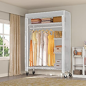 VIPEK V11C Garment Rack Rolling Clothes Rack Heavy Duty Portable Closets with Lockable Wheels Adjustable Metal Wire Shelves Wardrobe White Clothing Rack with Frosted Translucent Cover, Max Load 452LBS