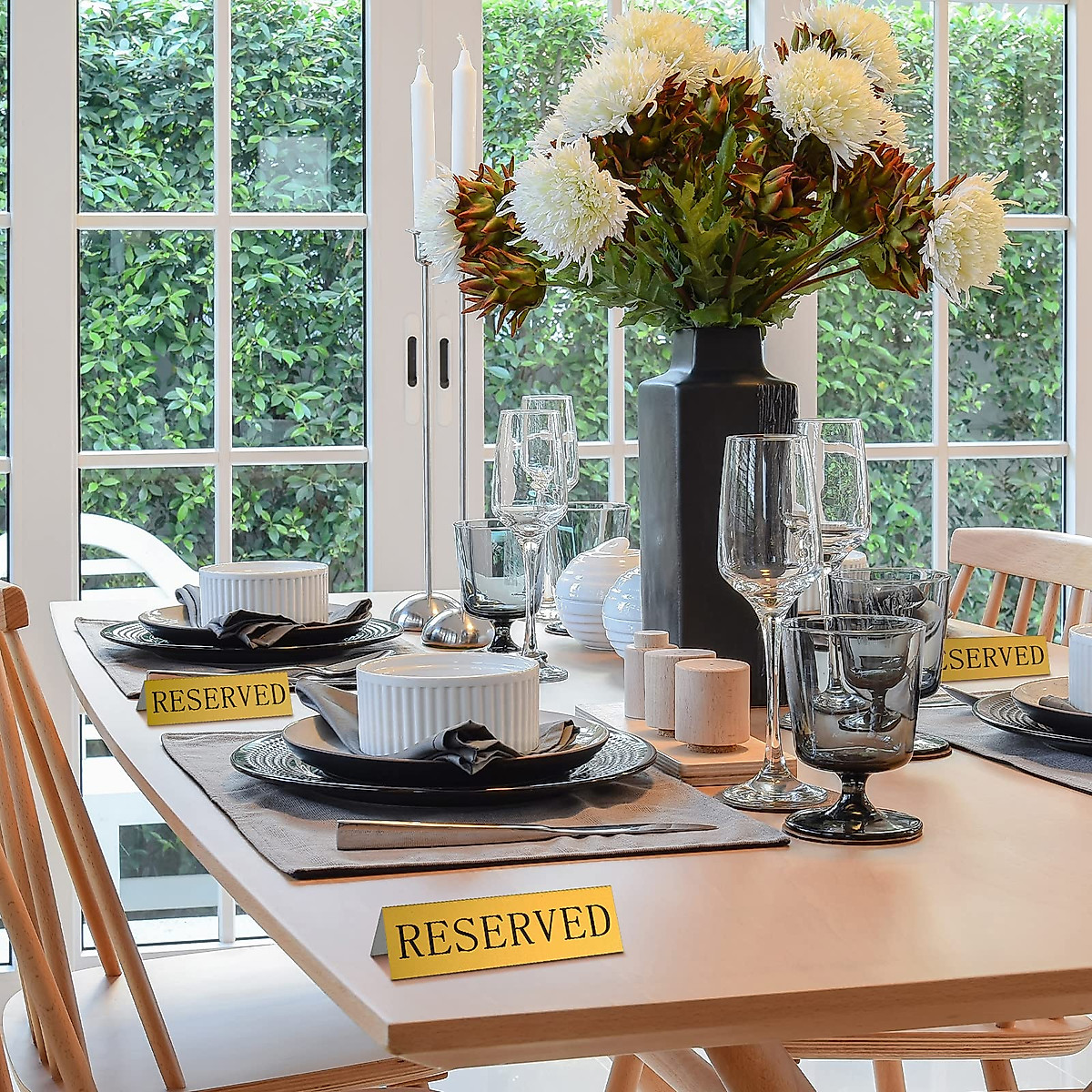 12 Pieces Table Top Reserved Sign Metal Reserved Table Signs Reserved Seating Signs Double Sided Table Tent Sign for Wedding Restaurant Family Ceremony Events, 5.91 x 3.15 Inches (Golden)