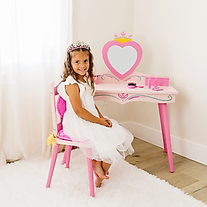 Wildkin Kids Princess Wooden Vanity and Chair Set for Girls, Vanity Features Mirror and Attached Jewelry Box and Music Box, Includes Matching Chair with Removable Backrest and Seat Cushion (Pink)