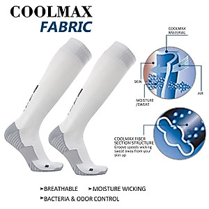 Three street Baseball Socks, Over Knee High Coolmax Wicking Moisture Sport Football Softball Volleyball Long Compression Socks White 3 Pairs Large