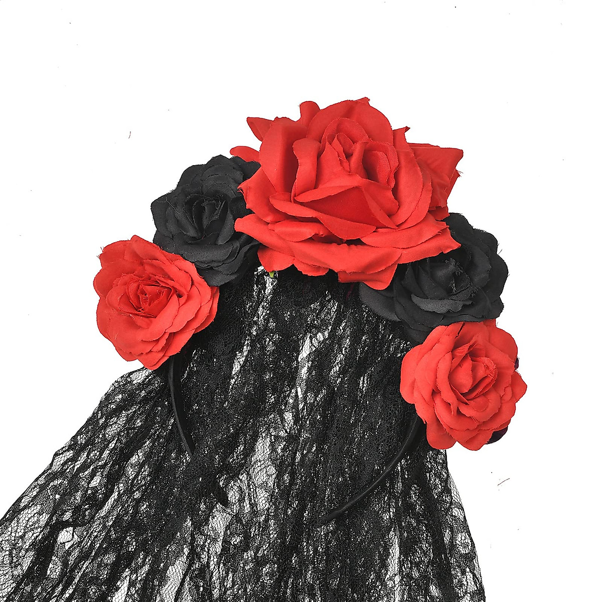 Merroyal Women's Dia de los Muertos Rose Flower Costume Headpiece Halloween Day of The Dead Veil (Black Red Rose Flower+Black Veil)