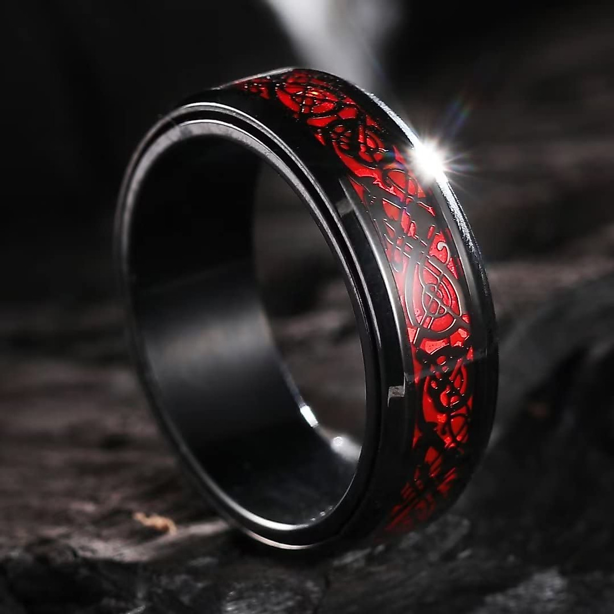 King Will Spinner 8mm Stainless Steel Ring Anxiety Relief Red Celtic Dragon Black Carbon Fibre Inlay Fidget Wedding Ring 10
