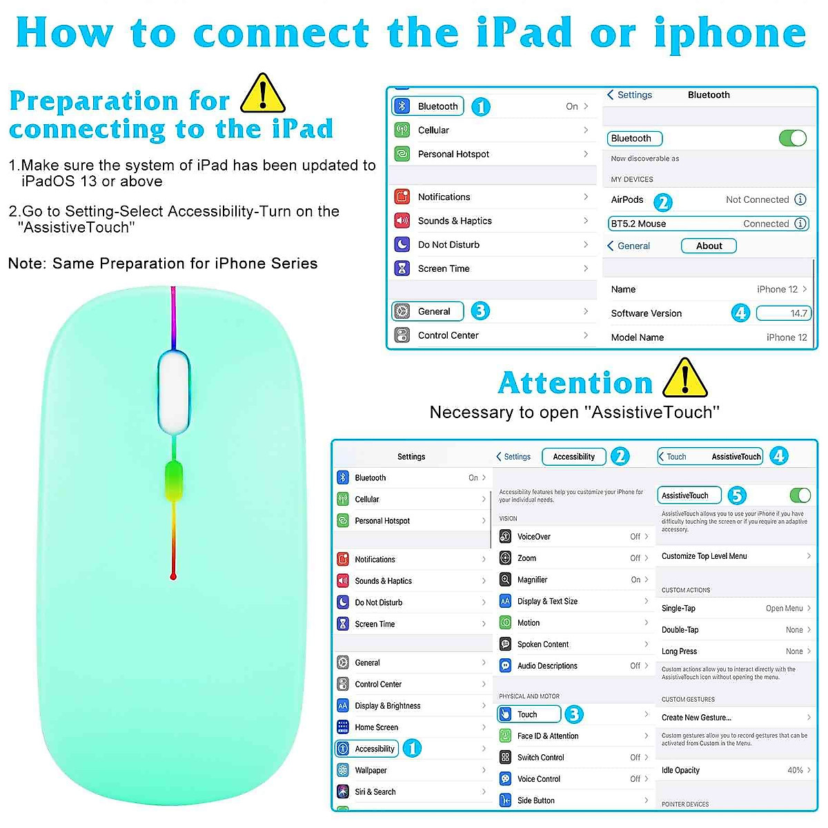 UrbanX 2.4GHz & Bluetooth Mouse, Rechargeable Wireless Mouse for Huawei Y Max Bluetooth Wireless Mouse for Laptop/PC/Mac/Computer/Tablet/Android RGB LED Turquoise