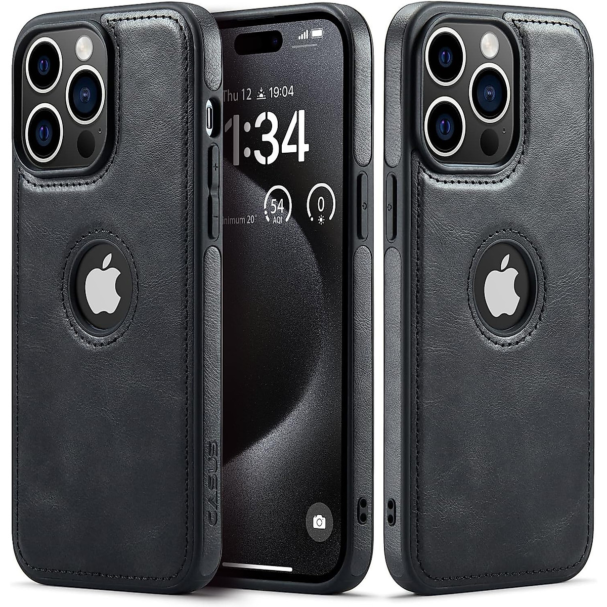 Casus Designed for iPhone 15 Pro Max Case Vegan Leather Slim Logo View Classic Luxury Elegant Thin Protective Cover (2023) 6.7" (Black)