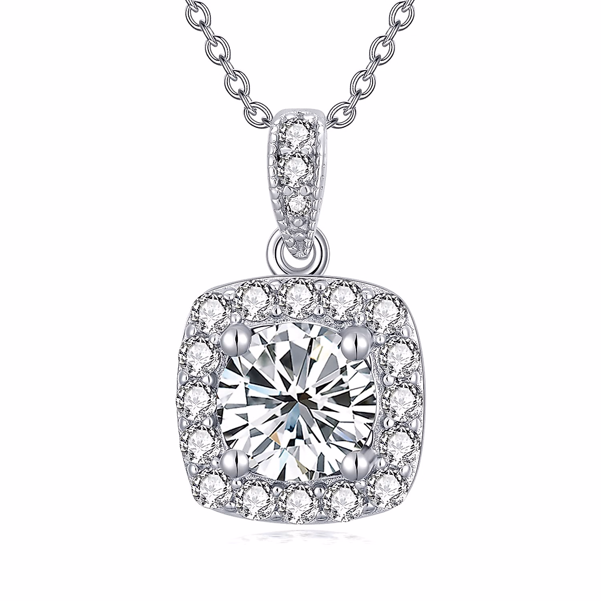 AHTAMOS Moissanite Necklace 1ct 6.5mm 18k White Gold Plated Silver D Color Round Brilliant Cut Halo Pendant Necklace for Women 18+2 Inches Style 1