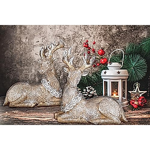 TenWaterloo Gold and Silver Finish Glittered Sitting Reindeer Set, 7.5 Inches x 5.5 Inches Each, Resin Christmas Figurine Set of 2