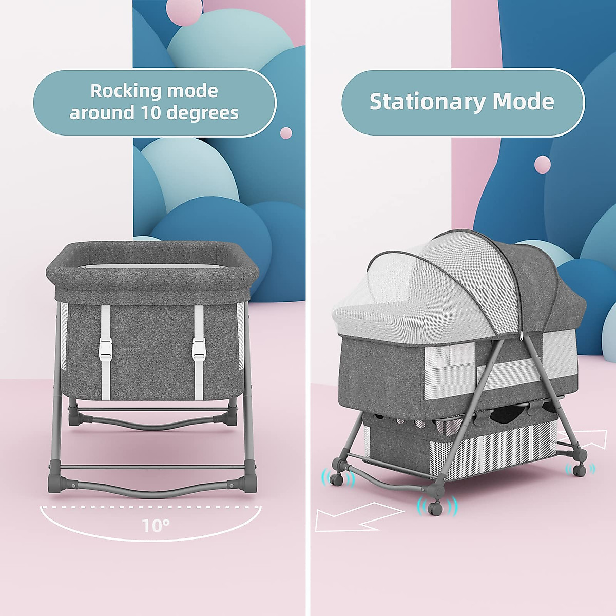 67i Baby Bassinet Portable Folding Rocking Bedside Bassinet Crib for Baby Cosleeper Bassinets Bedside Sleeper on Wheels with Mosquito Nets Newborn Infant Toddler Bassinet with Storage Basket (Grey)