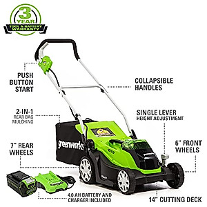 Greenworks 40V 14 Inch Cordless Lawn Mower, 4Ah Battery and Charger Included MO40B410