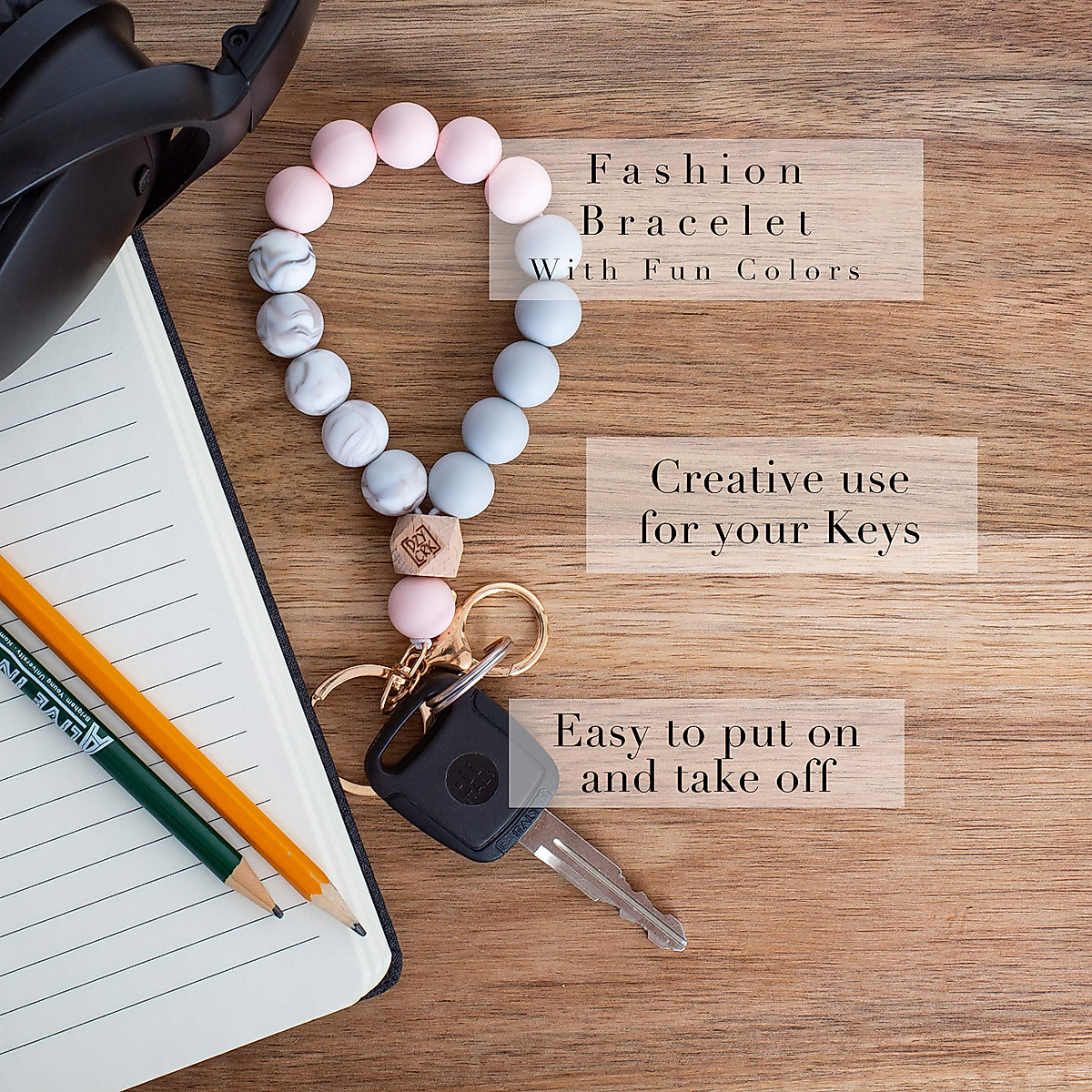 dizzy creek designs Silicone Key Ring Bracelet for Women - Unique Stylish Beaded Bangle Wristlet Keychain (Peach)
