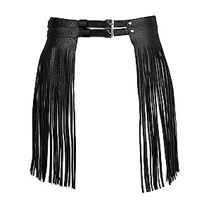 KKmeter Women's Faux Leather Waistband Fringe Tassel Skirt Hippie Boho High Waist Adjustable Double Waist Belt Skirt Clubwear (Black)