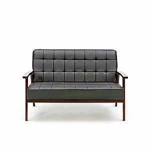 Panana 110 cm Small Office Couch Loveseat Sofa with Wood Arms, Mid Century Modern Love Seat Sofas Lounge Armchair Living Room Bedroom (Black Artificial, Tufted)