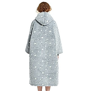 Wearable Blanket Hoodie Lengthened Oversized Sweatshirt for Adult, All Patterns Flannel Sherpa Blanket with 3 Pockets Mothers Day Gifts Glow in the Dark Star