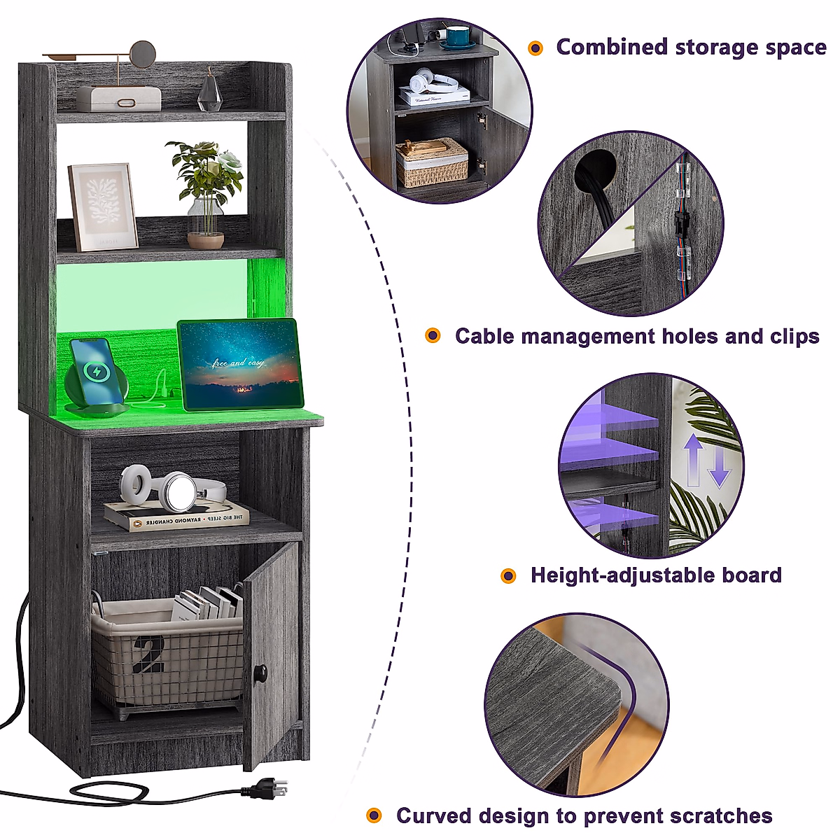 Clikuutory 47" Tall Nightstand with Charging Station & LED Lights, Large Nightstand with Adjustable Bookshelf, Modern Bedside Table with Storage Cabinet for Bedroom, Home Office, Grey