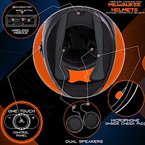 Milwaukee Helmets H512 Titanium and Blue Chit-Chat Black Full Face Motorcycle Helmet w/Intercom - Built-in Speaker and Microphone for Men/Women - Medium