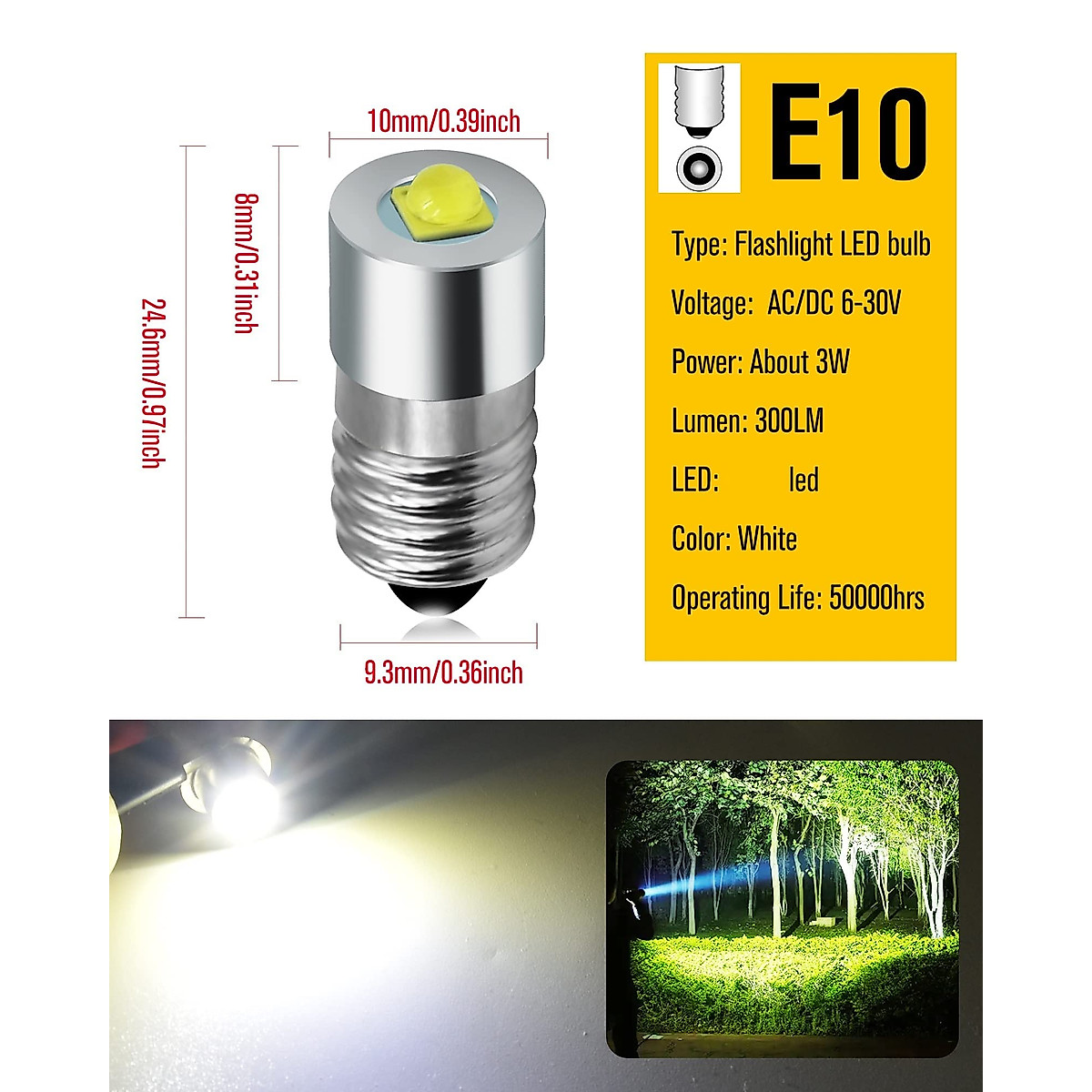 YEORO 2Pcs AC/DC 6-30V E10 Upgrade LED Flashlight Bulb,3W 6V 9V 12V 18V 19.2V 24V LED Conversion Kit for Torch Lantern Bike Work Light Maglit Bulbs,Non-Polarit