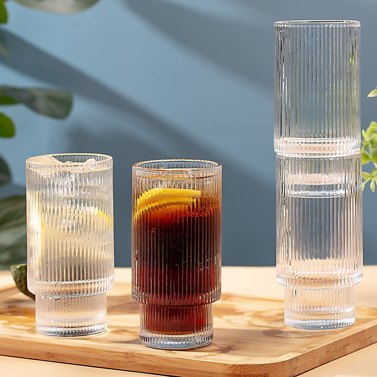 SUNNOW Vastto 11 Ounce Stackable Ribbed Glass Cup,Iced Tea Glasses for Water, Beverage,Juice, Wine,Beer and Cocktail,Set of 4