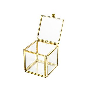 Feyarl Tiny Clear Glass Jewelry Trinket Box Ornate Rings Earrings Shadow Box Treasure Chest Organizer Decorative Keepsake Case with Lid for Wedding Birthday Gift (Gold)