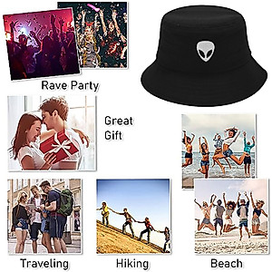 Alien Embroidered Bucket Hat Packable Fisherman Cap Unisex Outdoor Hat Trendy Sun Hats, Black