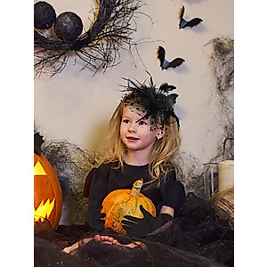 Sintege Fascinators Hat for Girl Tea Party Lace Gloves Black Cocktail Veil Mesh Feathers Hair Clip for Kids Halloween (Cute Style)
